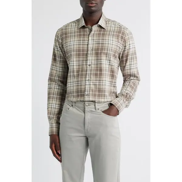 Scott Barber Weekend Regular Fit Heathered Plaid Cotton Button-up Shirt - Cocoa Heather