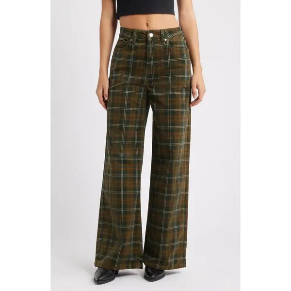 PTCL Plaid Stretch Corduroy Wide-leg Pants