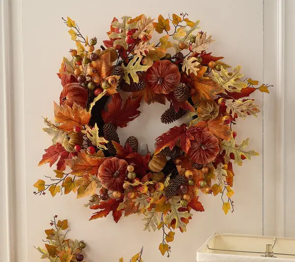 VALERIE PARR HILL As Is 24' Velvet Pumpkin And Leaf Wreath Valerie