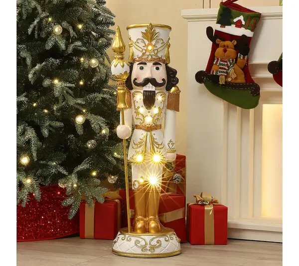 LUXEN HOME Luxenhome 3ft Lighted White And Gold Nutcracker With Scepter