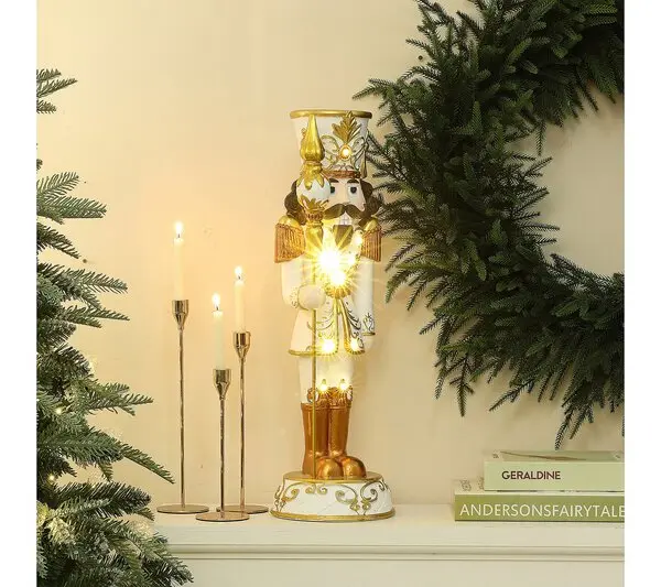 LUXEN HOME Luxenhome 2ft Lighted White And Gold Nutcracker With Scepter