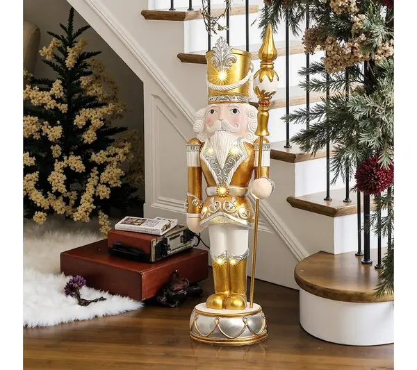 LUXEN HOME Luxenhome 3ft Lighted Silver And Gold Nutcracke R With Scepter