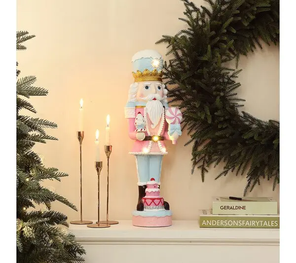 LUXEN HOME Luxenhome 2ft Lighted Pink Nutcracker With Cake, Xmas Decor