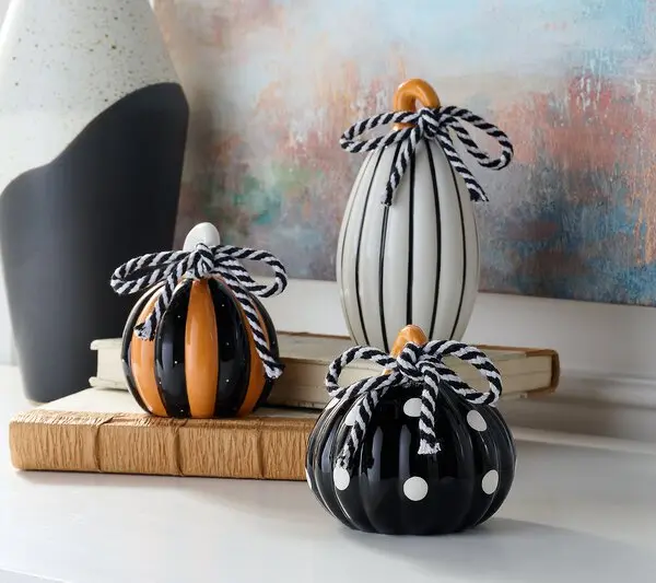 VALERIE PARR HILL As Is Set/3 Ceramic Pumpkins With Rope Tie Valerie