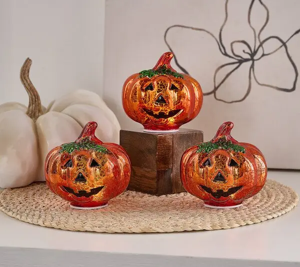 VALERIE PARR HILL As Is Set Of 3 Illuminated Mercury Glass Jack-o-lanterns