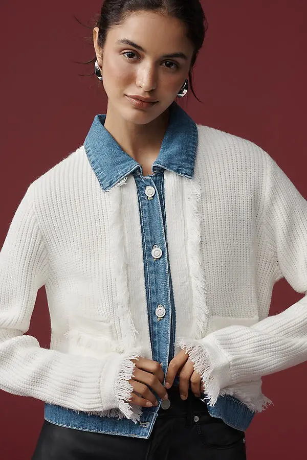 NVLT Denim-collared Cardigan Sweater