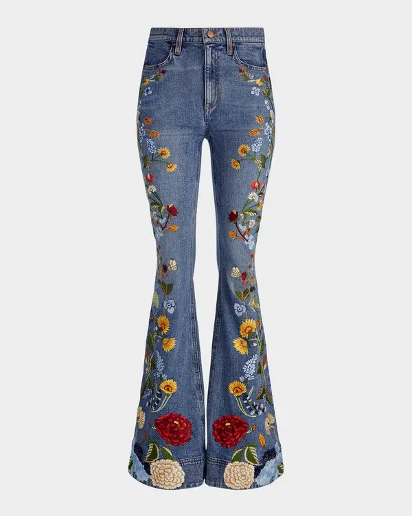 Alice + Olivia Embroidered Bell-bottom Jeans