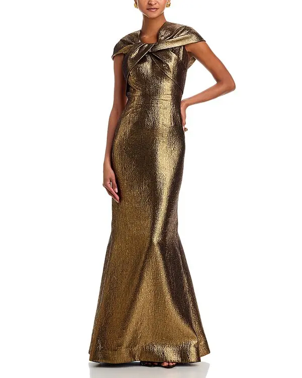 Rickie Freeman For Teri Jon Off-shoulder Twist Metallic Jacquard Gown