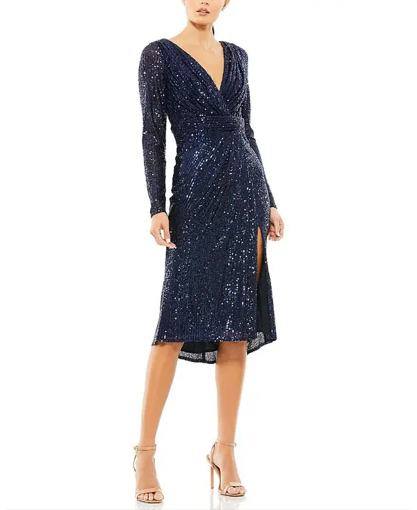 Mac Duggal Sequined Long Sleeve Midi Dress - Midnight