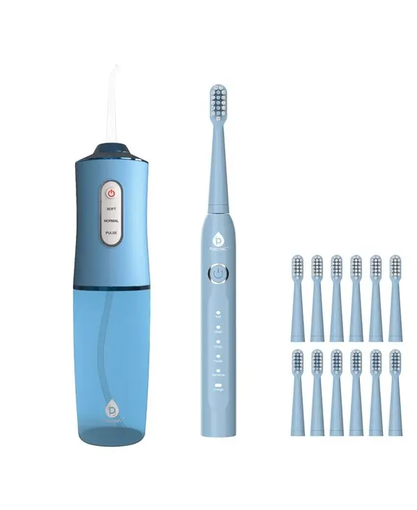 PURSONIC Rechargeable Water Flosser & Usb Electric Toothbrush With 12 Brush Heads &#x2013; Advanced Oral Care Set - Blue