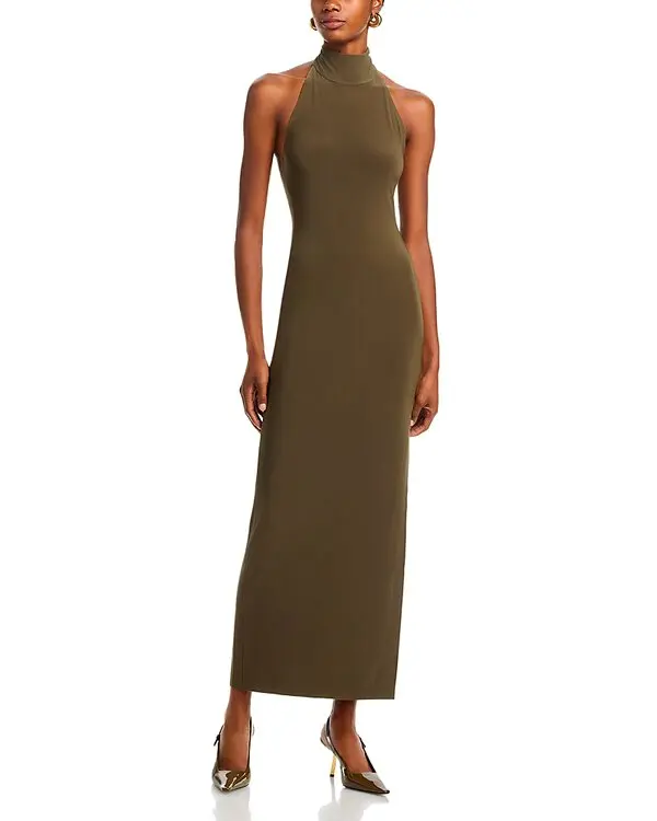 Norma Kamali Halter Turtleneck Side Slit Gown - Bark