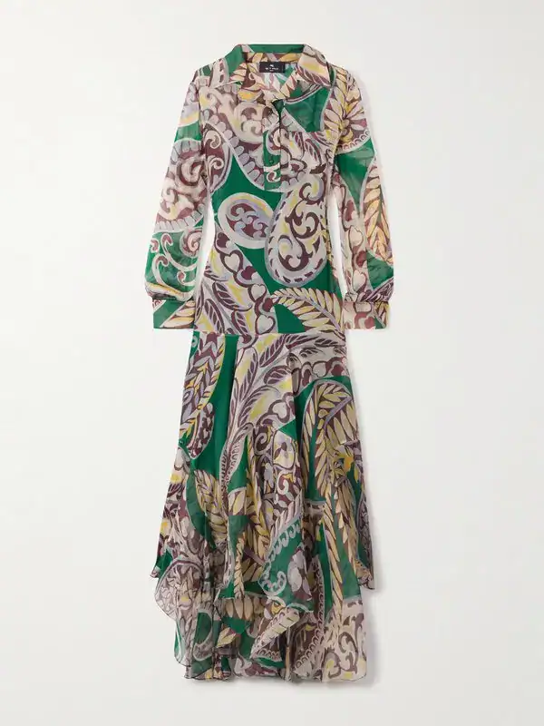 Etro Belted Asymmetric Paisley-Print Silk-Organza Maxi Dress In Green - 30%  Off | Editorialist