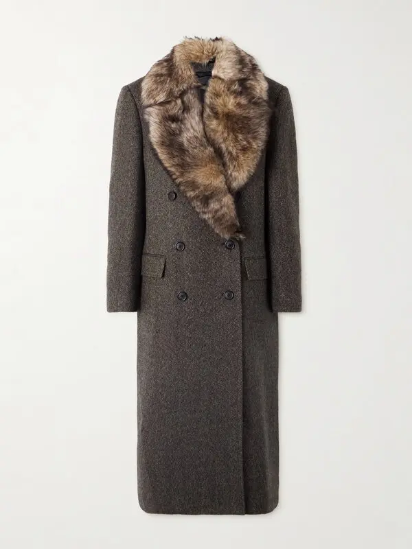 NILI LOTAN Edina Double-breasted Herringbone Wool Coat With Shearling Trim