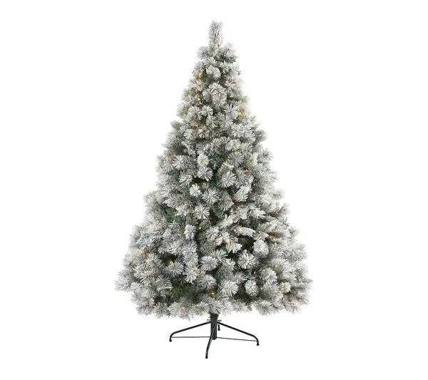 NEARLY NATURAL 7' Flocked Oregon Pine Tree W/ 4 00 Clear Lights