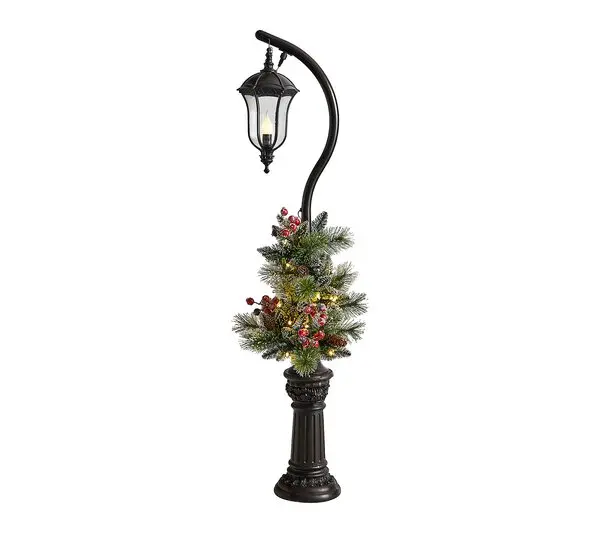 NEARLY NATURAL 5' Holiday Decorated Lamp Post W Ith Greenery