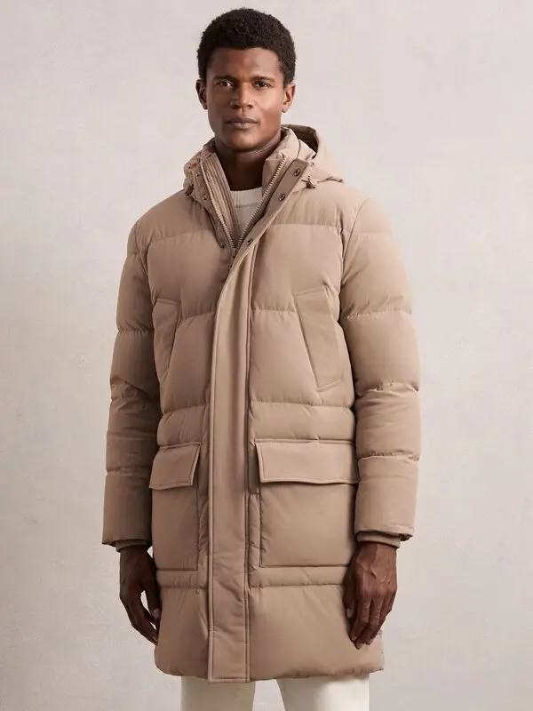 REISS Quilted Longline Puffer Jacket - Light Camel Brown