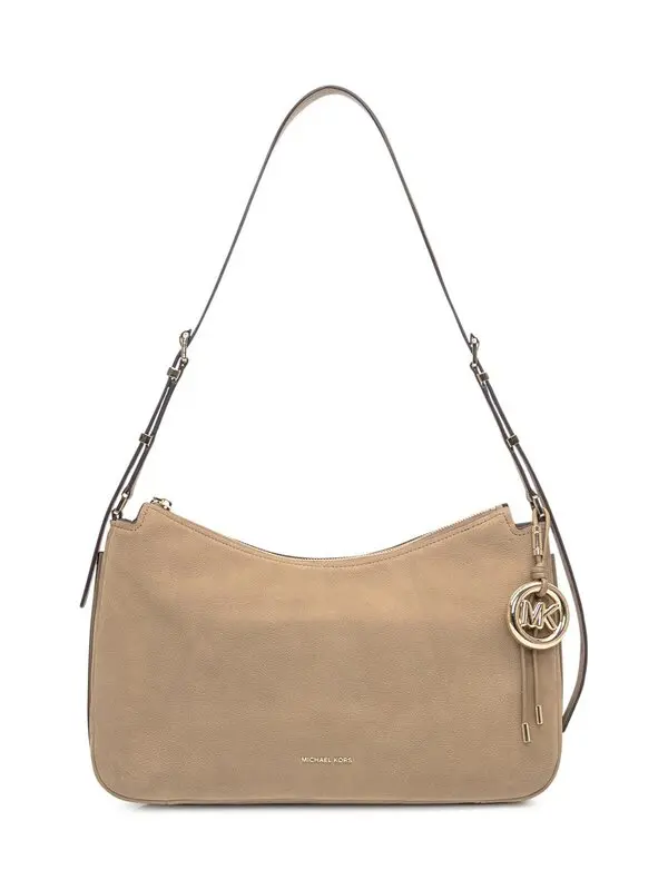 Michael Kors Hobo Bag In Suede With Logo Charm - Beige