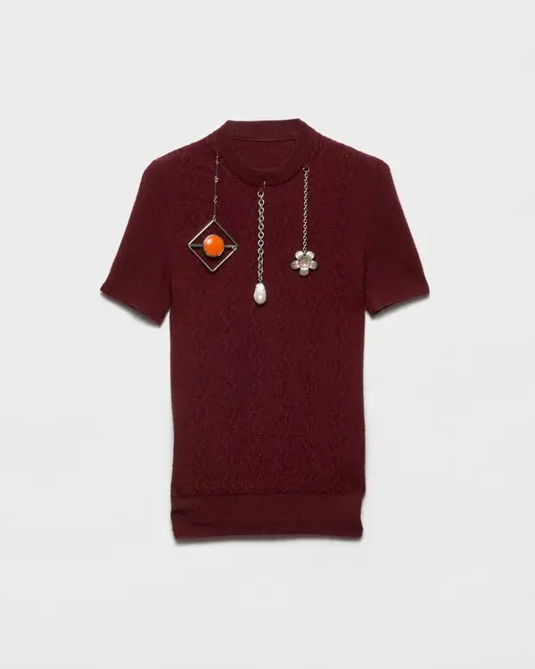 Prada Short-sleeved Wool Sweater With Pendants - Amaranth Red/maize Yellow
