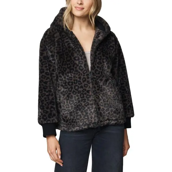 Splendid Lucia Faux Fur Hooded Jacket - Brown Leopard Print