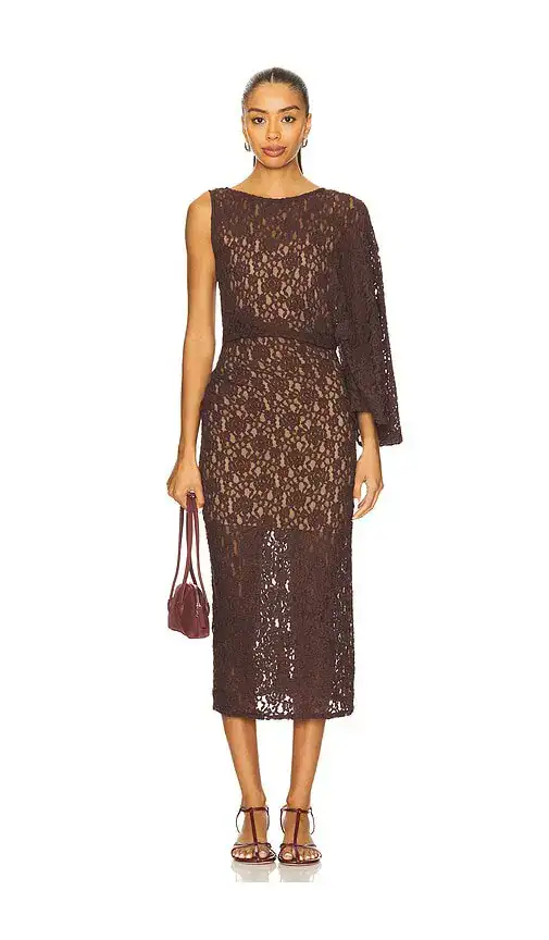 Buy L'academie Asymmetrical Sleeve Lace Midi Dress - Dark Brown At 74% Off  | Editorialist