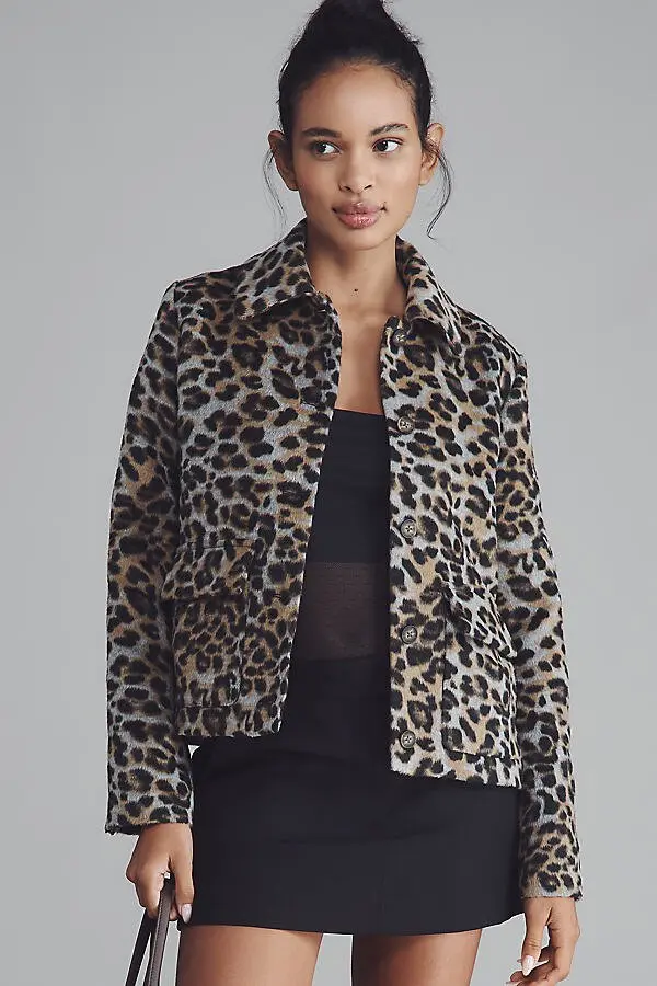 Bernardo Leopard Print Wool Blend Jacket