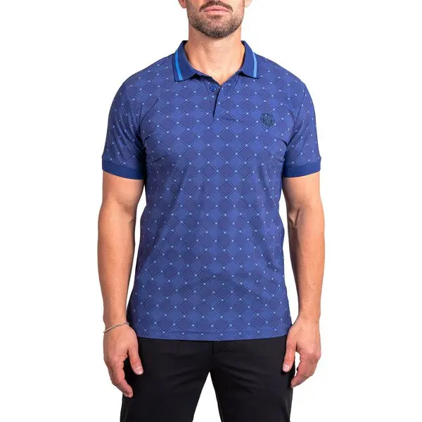 MACEOO Ascension0030 Diamond Print Stretch Nylon Polo - Blue