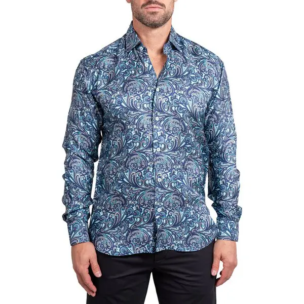 MACEOO Fibonacci Ascension 0219 Paisley Contemporary Fit Button-up Shirt - Blue
