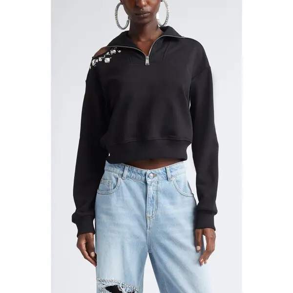 AREA Crystal Cutout Quarter-zip Sweatshirt