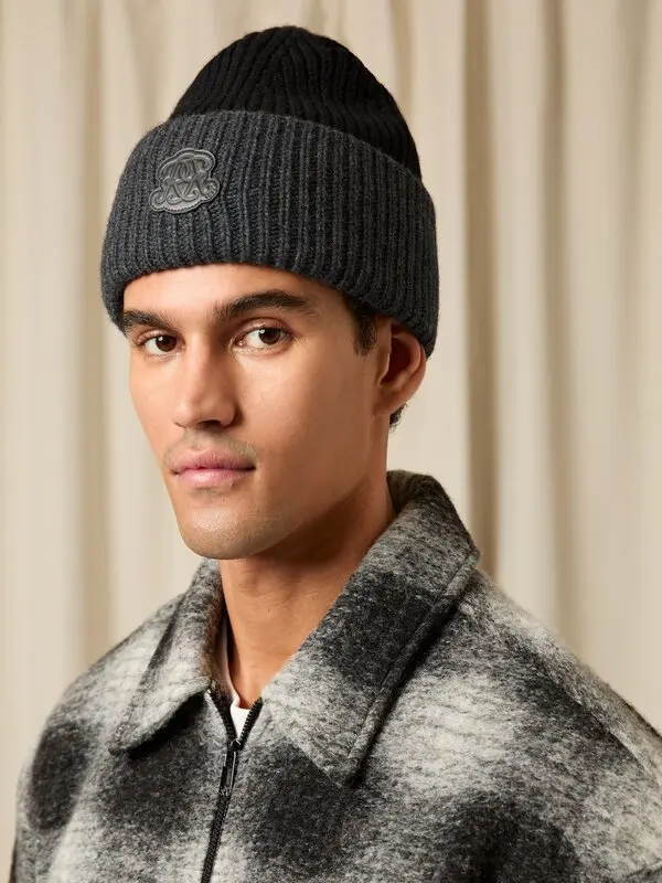 REISS Aden Monogram Appliqué Wool Beanie - Black