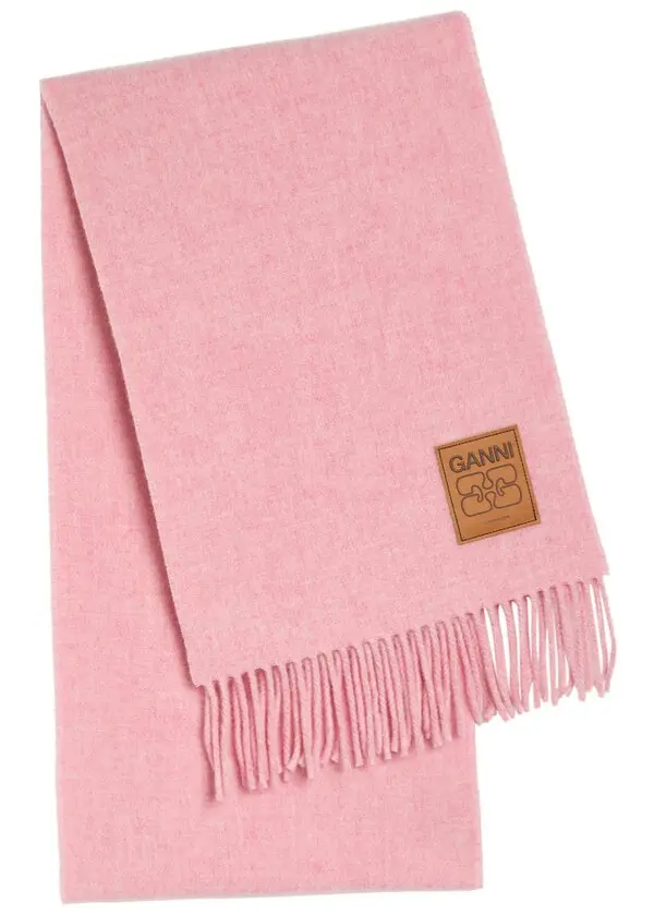 GANNI Designer-appliqué Fringed Wool Scarf - Mauve