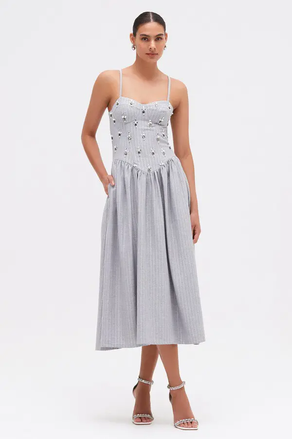 PatBO Metallic Pinstripe Corset Midi Dress