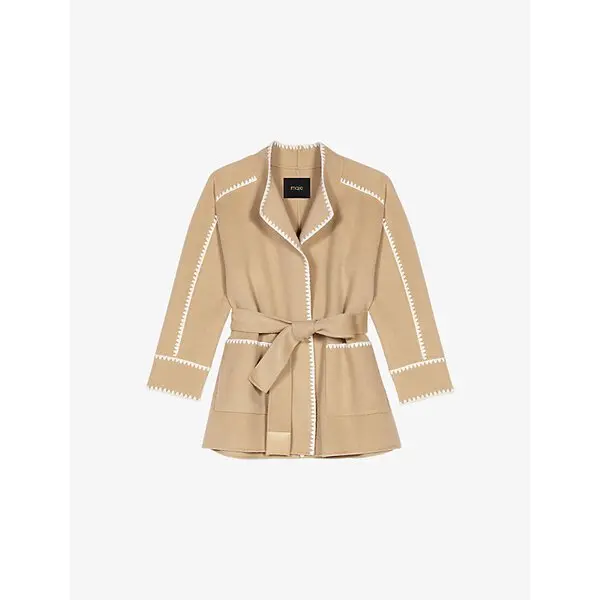Maje Embroidered-trim High-neck Wool-blend Coat