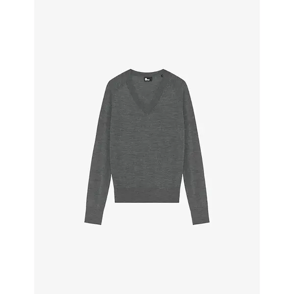 The Kooples V-neck Relaxed Fit Wool Jumper - Dark Grey Melange