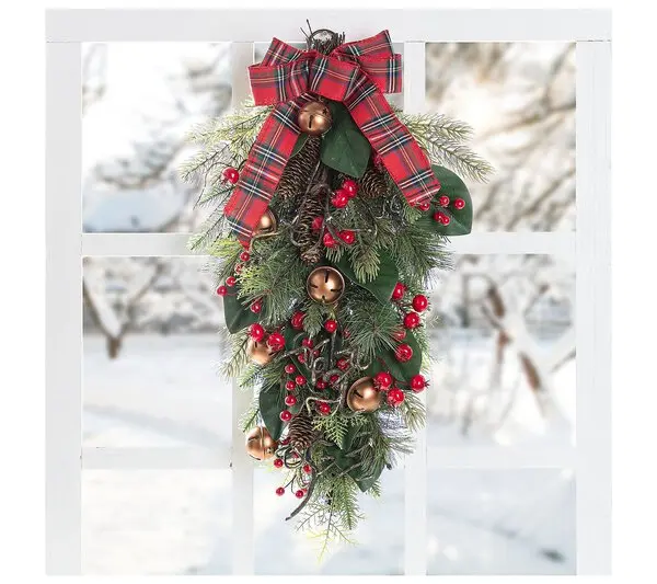 GLITZHOME 28'h Christmas Bell, Pinecone & Berry Bow Teardrop
