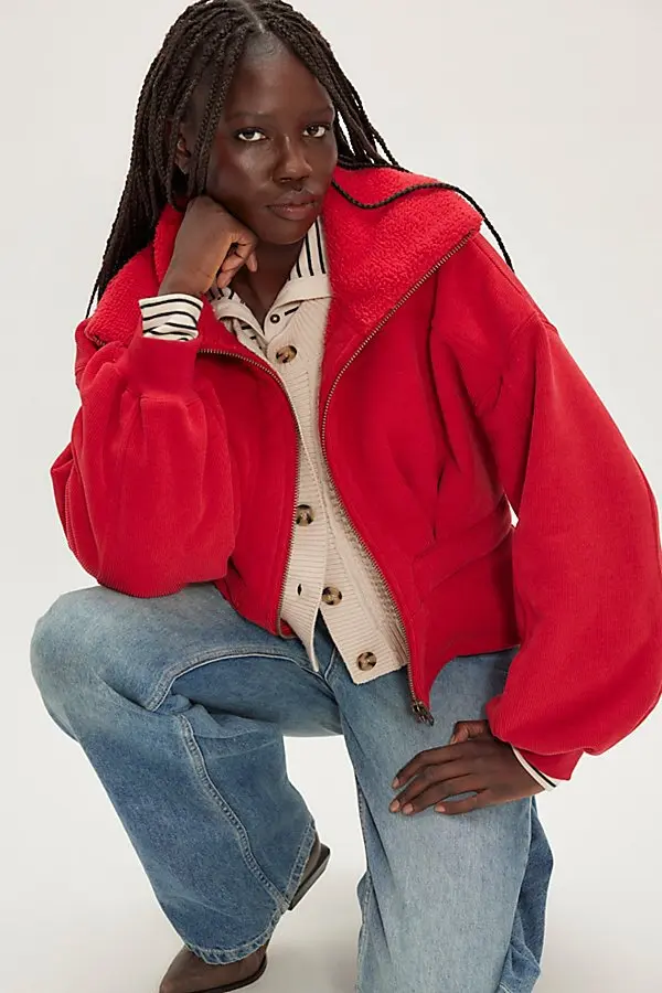 Free People Cora Corded Zip-up - Salsa