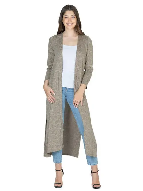 24SEVEN COMFORT APPAREL Long Open Front Knit Cardigan Duster - Taupe