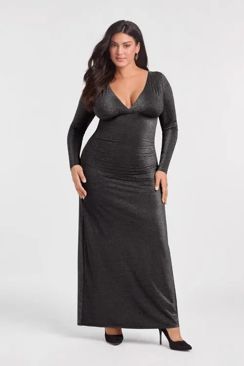 S3 Sculpting Shirred V-neck Long Sleeve Metallic Maxi Dress - Onyx Black