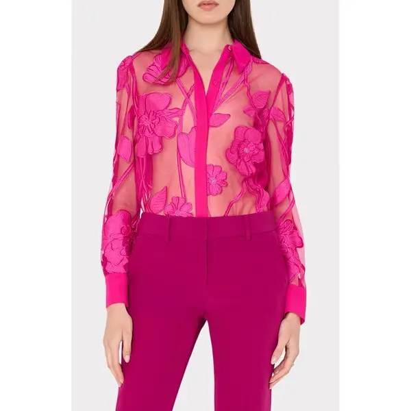 MILLY Ashton Grand Fleur Appliqué Sheer Button-up Shirt - Raspberry