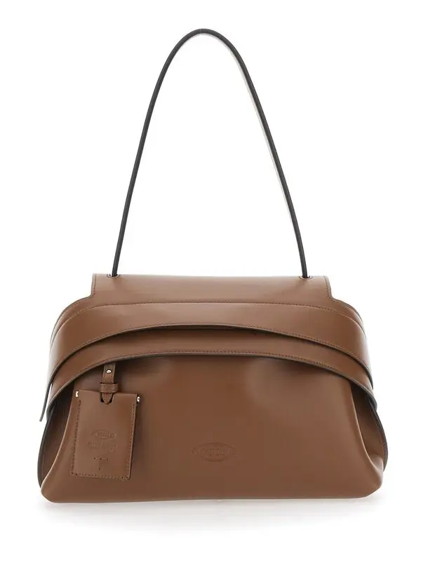 TOD'S Leather Shoulder Bag With Embossed Logo - Brown