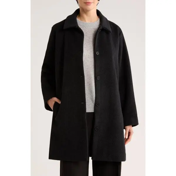 Eileen Fisher Classic Collar Wool Herringbone Coat - Charcoal