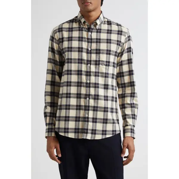 Sunspel Check Brushed Cotton Flannel Button-down Shirt - Ecru/truffle Check