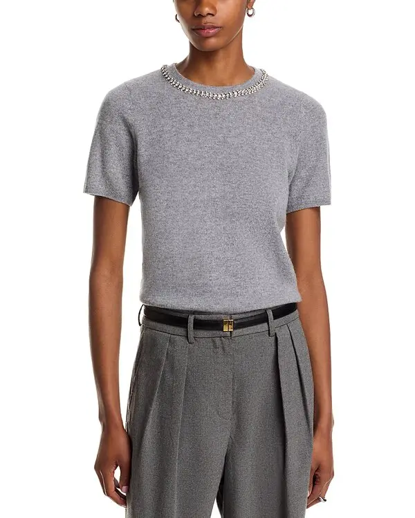 Bloomingdale'S Crystal Trim Short Sleeve Cashmere Sweater - Medium Gray