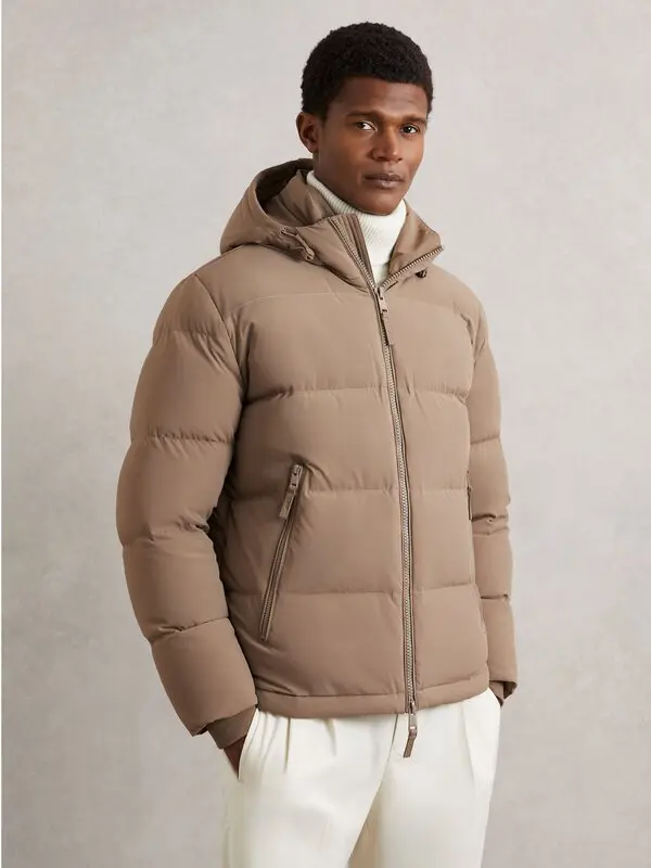 REISS Reggie Quilted Zip-through Puffer Jacket - Light Camel Brown