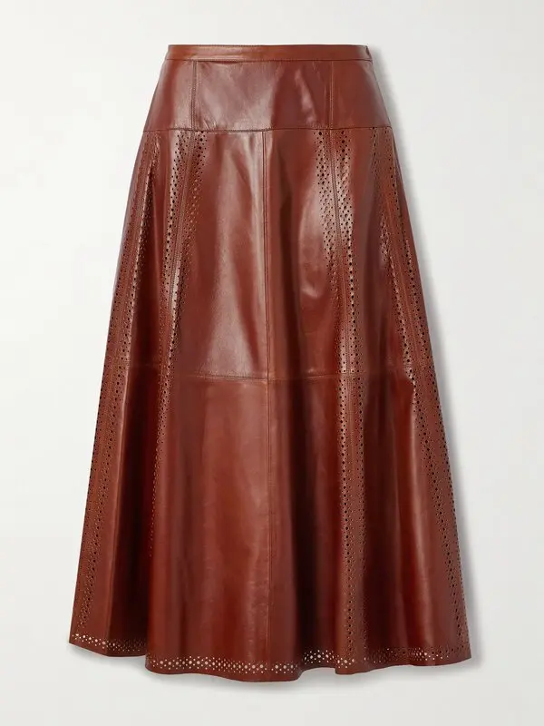 Ulla Johnson Aninda Paneled Perforated Leather Midi Skirt - Brown