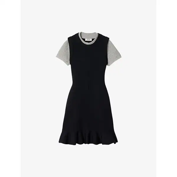Sandro Stretch-Knit Mini Dress With Ruffle Hem - Navy Blue | Editorialist