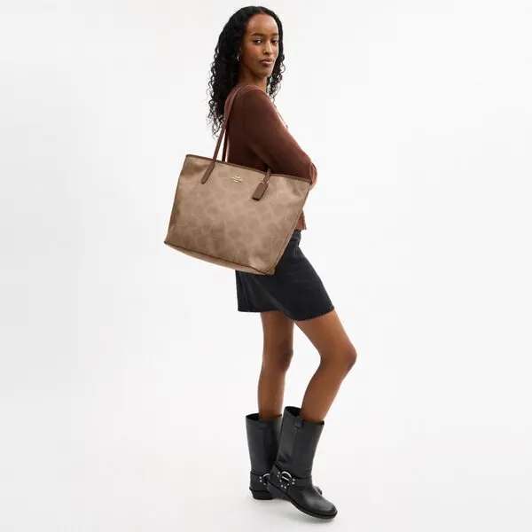 COACH® Large City Tote Bag In Maxi Signature Canvas - Signature Canvas/gold/tan/brown