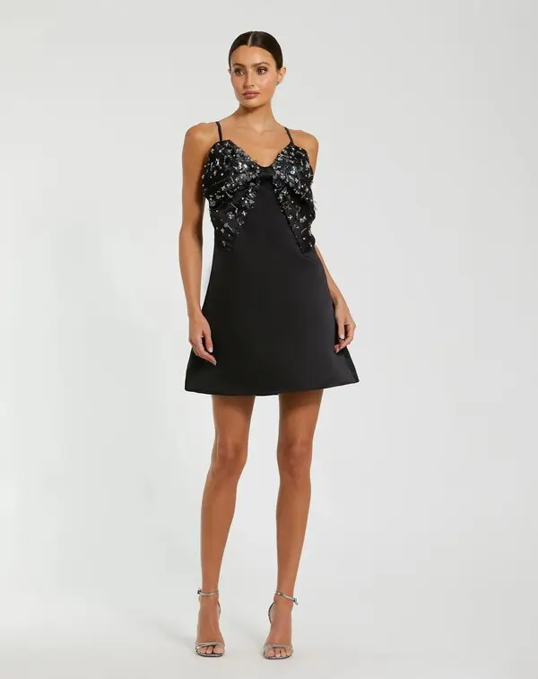 Mac Duggal Sleeveless Satin A-line Beaded Bow Mini Dress