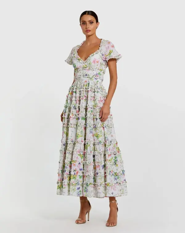 Mac Duggal Floral Ruffle Open Back Cotton Midi Dress