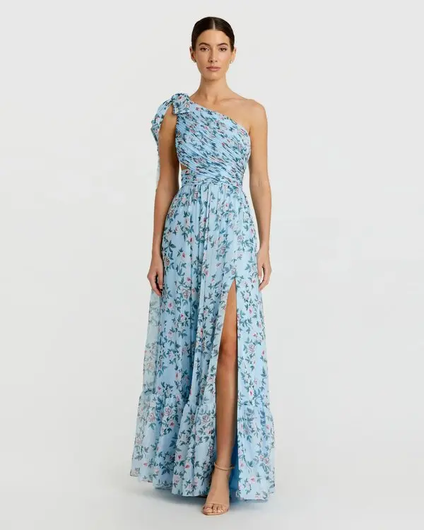 Mac Duggal Floral Chiffon One-shoulder Maxi Gown - Aqua Multi
