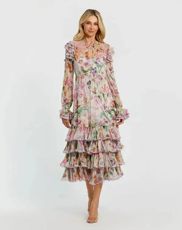 Mac Duggal - Multicolor Long Sleeve Ruffle Detail Floral Shift Dress - Lilac Multi / US 2